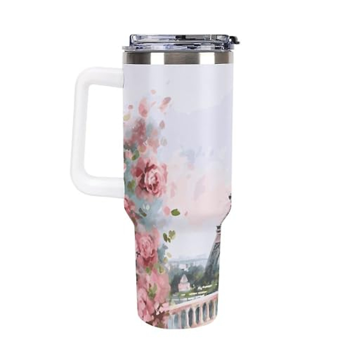 40 Oz Vacuum Tumbler with White Handle Leakproof Insulated Tumbler Paris Eiffel Tower with Flowers Stainless Steel Travel Mug with Lid And Straw Coffee Cup Cute Water Bottles Cup Holder Friendly