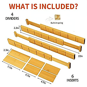 SAUStrongBe Adjustable Bamboo drawer dividers with 4 dividers，6 inserts, Spring Loaded adjustable drawer organizer, Expandable Organization for Home, Office, Dressers and Bathroom (17- 22 in)