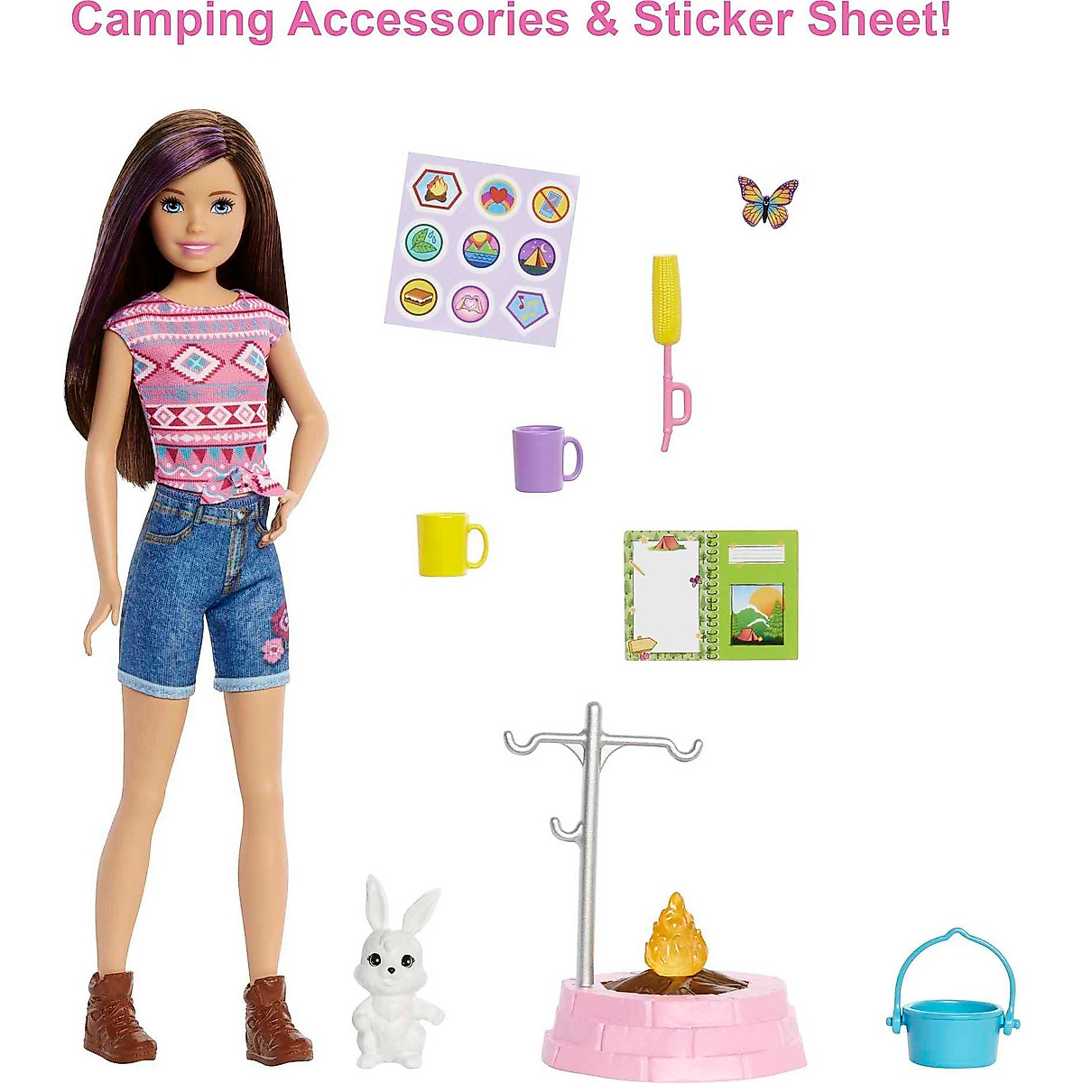 Barbie It Takes Two Skipper Doll & Accessories, Camping Playset with Doll, Campfire, Pet Bunny, Sticker Sheet & More