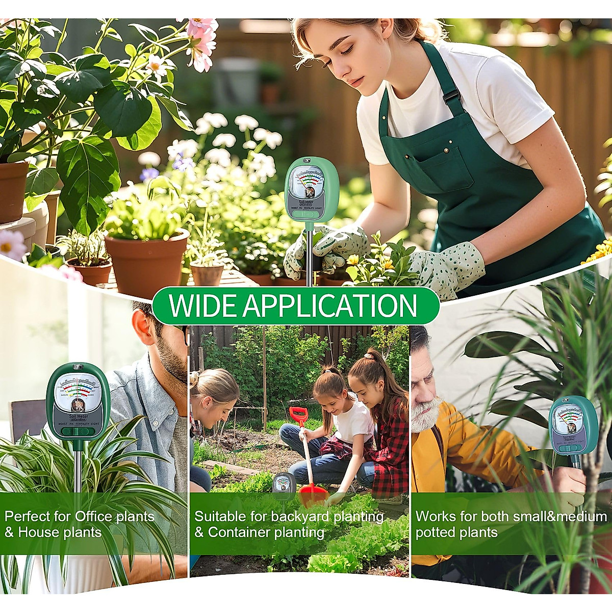 AiGerdinn Soil Test Kit, Soil Moisture Meter/Light/Fertility/Soil PH Meter for Gardening, No Need Battery Soil Tester for Indoor&Outdoor Garden,Farm,Lawn -GrassGreen