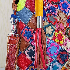 Downupdown Women Handbags Genuine Leather Tote Bag 3D-Flower Shoulder Bag Multicolor Splice Totes Satchel Purse with Tassels