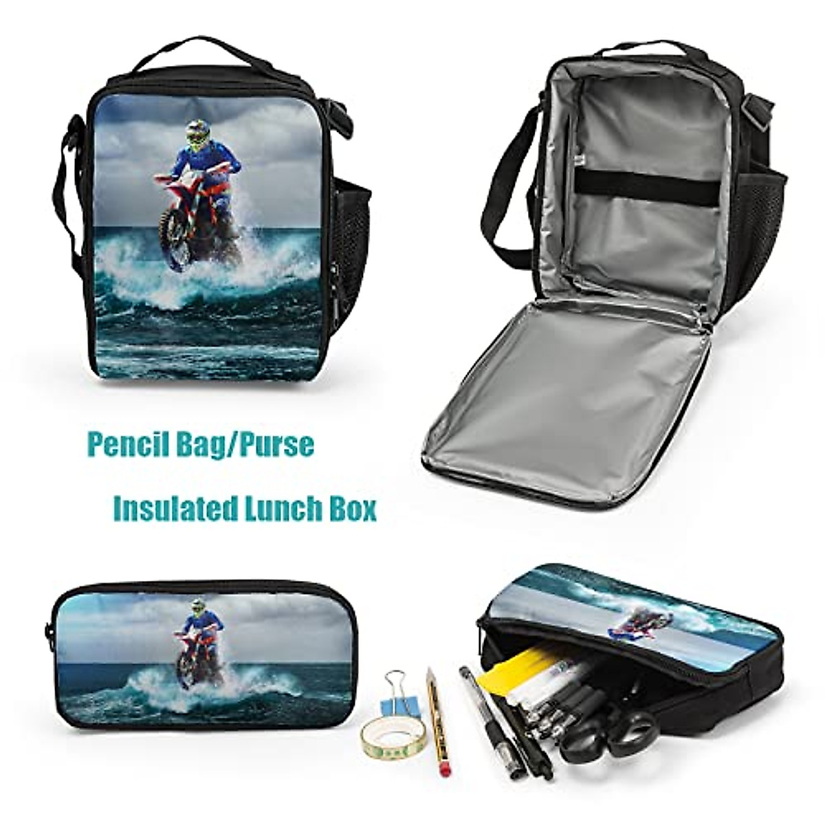 Giwawa Cool Dirt-Bike Motocross School Backpacks for Teen Boys Motorcycle Vehicle in Sea Backpack School Bookbags Set Lunch Bag Pencil Case