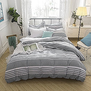 Merryfeel Cotton Duvet Cover Set,100% Cotton Seersucker Duvet Cover Set,Yarn Dyed stirped Duvet Cover Set,3 Pieces Bedding Set, King - Grey