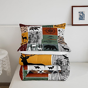 Cabin Retro Rustic Lodge Comforter Set, Bear Deer Country Bedding Twin, Hunting Wild Animal Quilt Plaid Check Adventure Themed Bedding Comforter Sets For Kids Boys Teens Adult Men Bedroom Decor