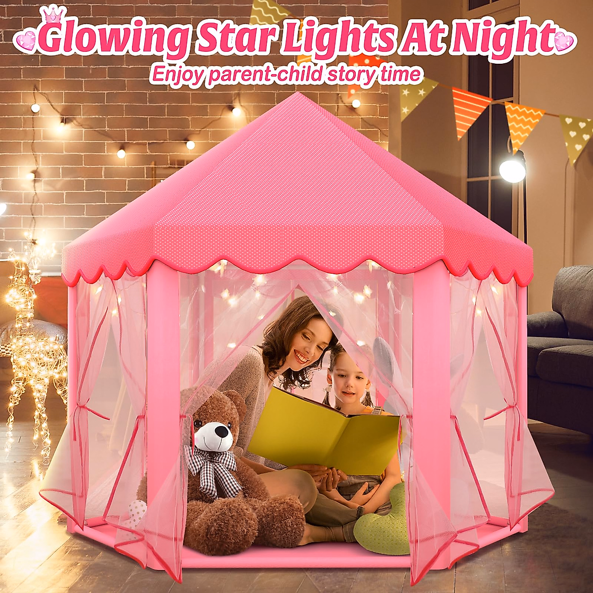 Princess Tent Girls Large Playhouse,Gift for 3 4 5 6 7 8+ Year Girl, Doll Dream House Castle Play Tent with Star Lights Toy for Kids Indoor and Outdoor Activity,Ideal Gift,57'' x 55'' (DxH)