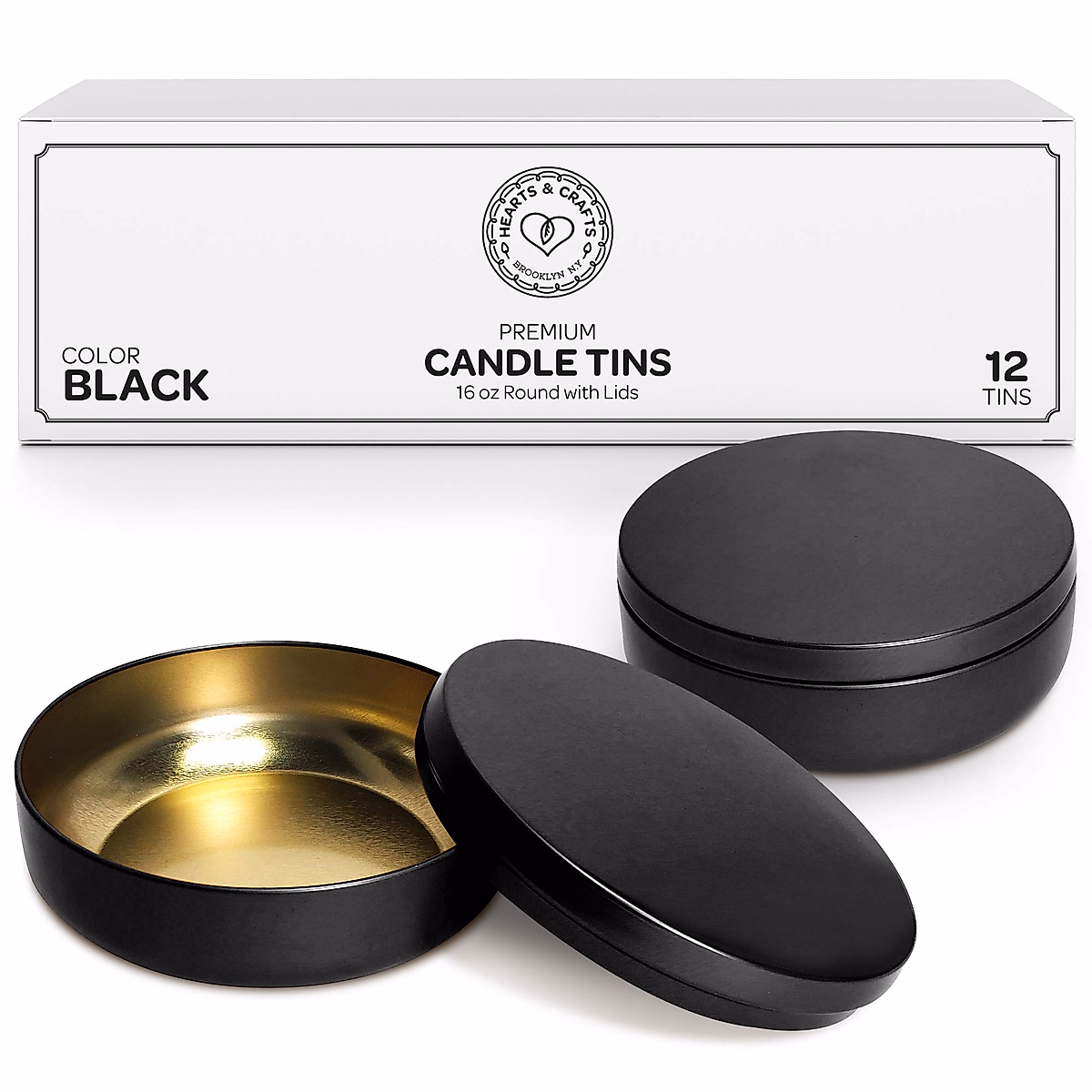 Hearts & Crafts Black Candle Tins 16 oz with Lids - 12-Pack of Bulk Candle Jars for Making Candles, Arts & Crafts, Storage, Gifts, and More - Empty Candle Jars with Lids