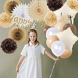 Brown Birthday Party Decorations Tan Brown Paper Fans Paper Pom Poms Happy Birthday Banner Brown Blush Neutral Balloons for Rustic Woodland Teddy Bear Boho Birthday Party Supplies