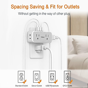Surge Protector Outlet Extender, TESSAN Multi Plug Outlet Splitter with 4 Electrical Outlets 3 USB Ports, Multiple Plug Mini Wall Expander for Home Office Dorm Room Essentials