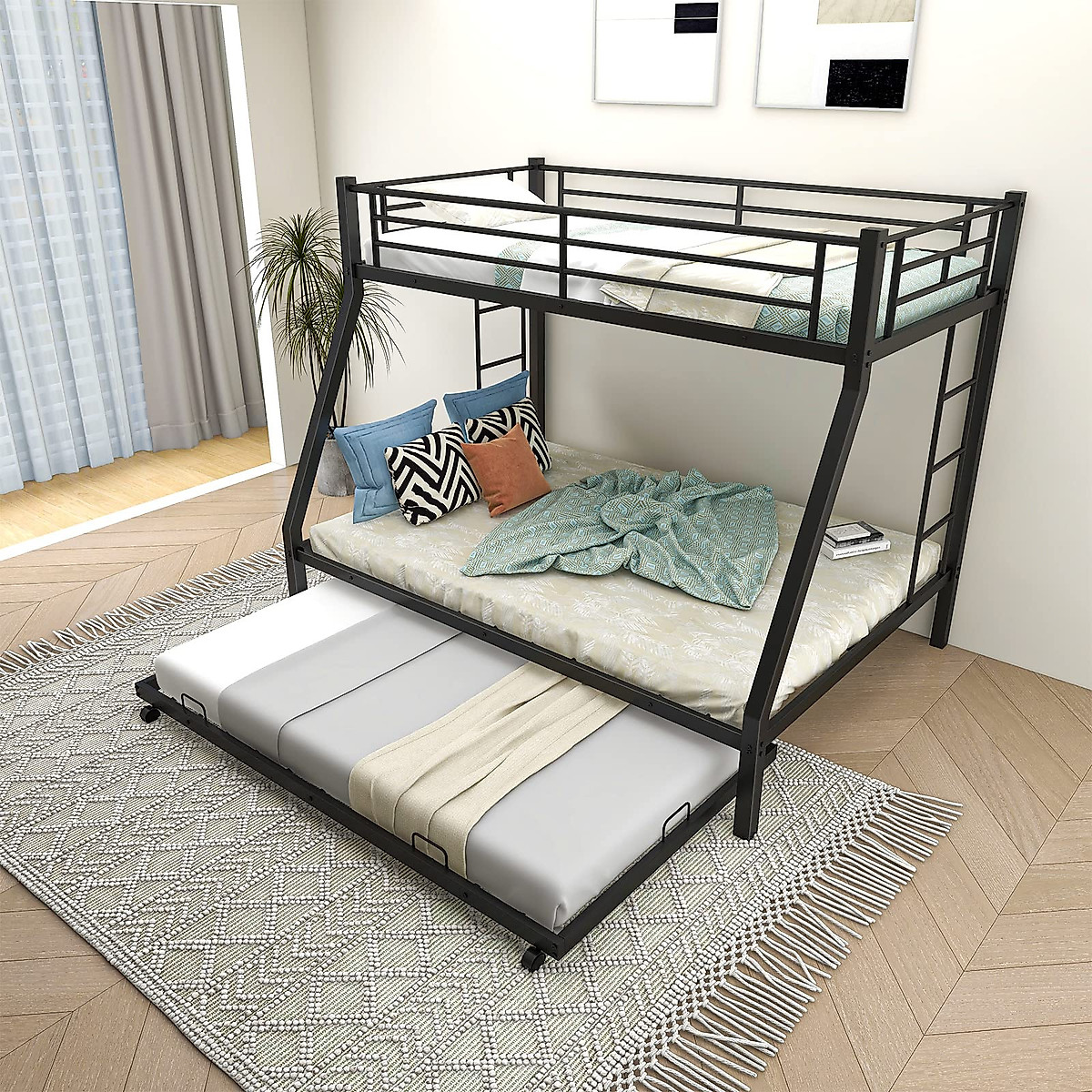 Giantex Twin Over Full Bunk Bed with Trundle, Heavy-Duty Metal Triple Bunk Beds w/Two Side Ladders & Safety Guard Rail, 3 in 1 Bunk Beds for Kids Teens, No Box Spring Needed, Black