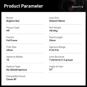 Brightin Star 55mm F1.8 Full Frame Manual Focus MF Large Aperture Prime Standard Fixed Focal Lens, Fit for Canon RF-Mount EOS-RP, EOS-R, EOS-R5, EOS R7, EOS-R6, EOS-R3, EOS-R10