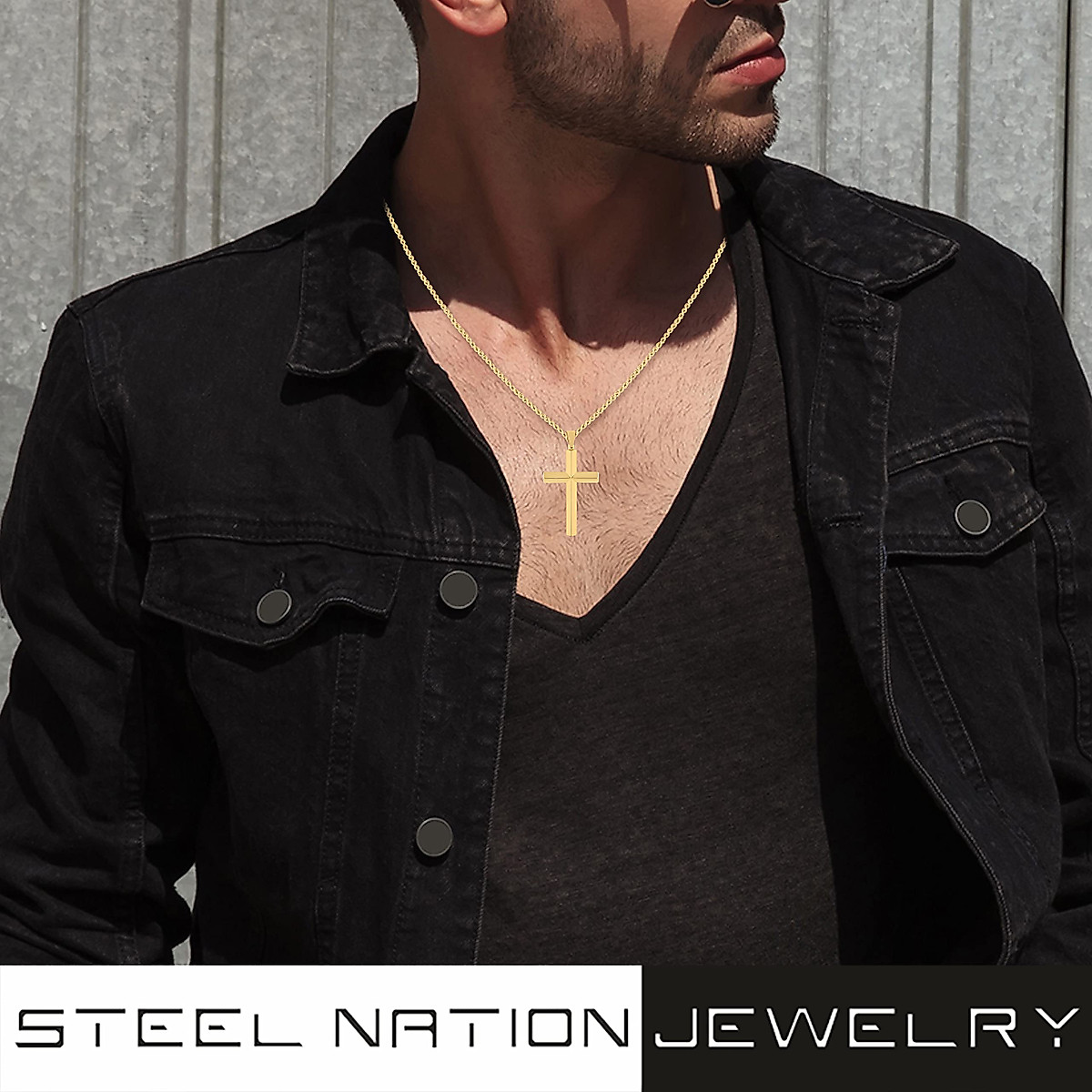 Stainless Steel Beveled Cross Pendant on 24" Twisted Curb Chain Necklace with Yellow Gold Tone Finish