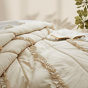 BEDAZZLED Twin Comforter Set - Beige Ruffle Comforter 3PCS Bed in a Bag, Textured Bed Comforter Chic Fluffy Bedding Set (1 Ruffle Pillowcase and 1 Solid Color Pillowcase)