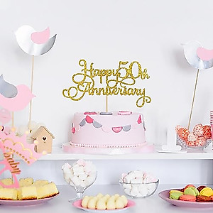 Gold Glitter Happy 50th Anniversary Cake Topper - for 50th Wedding Anniversary / 50th Birthday Party Cake Decorations Supplies, Cheers to 50 Years Sign