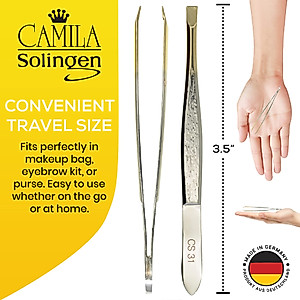 Camila Solingen CS31 3 1/2" Gold Tipped, Surgical Grade, German Stainless Steel Tweezers (Straight) - Flawless Facial Hair and Eyebrow Shaping and Removal for Men/Women