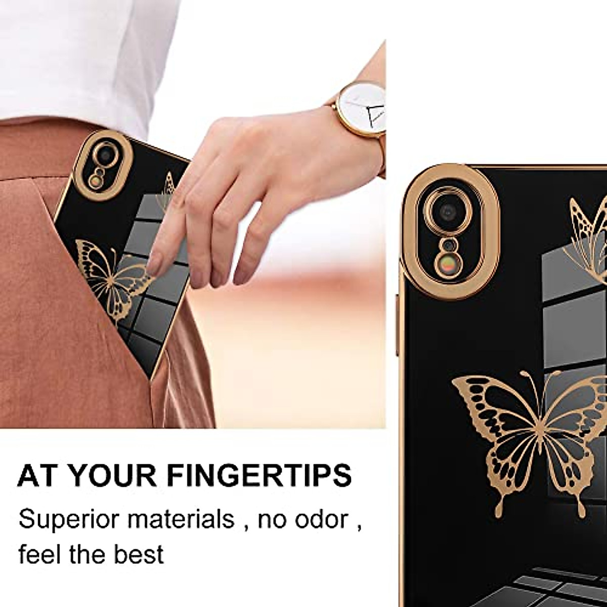 BITOBE Designed for iPhone XR Case Butterflies with Screen Protector for Women Girls,Cute Design Luxury Plating Full Camera Lens Protection Cover for iPhone XR 6.1“-Black