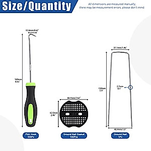 Glarks 201Pcs Garden Stakes Staples Kit, 100Pcs 6 Inch U-Shaped Landscape Staples, 100Pcs Fixing Gasket with 1Pc Pick Hook for Weed Barrier Fabric, Ground Cover, Holding Fence and Artificial Turf