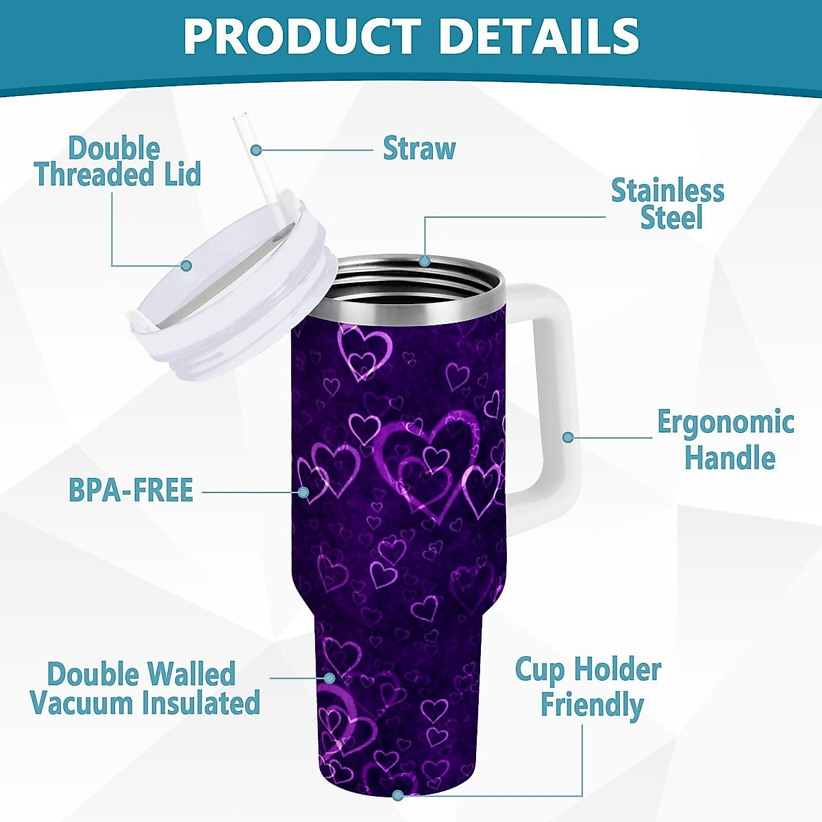 MCHIVER Hearts Purple 40 oz Tumbler with Handle and Straw Stainless Steel Vacuum Water Bottle Leak-proof Travel Coffee Mug Insulated Water Bottle for Hot Cold Beverages