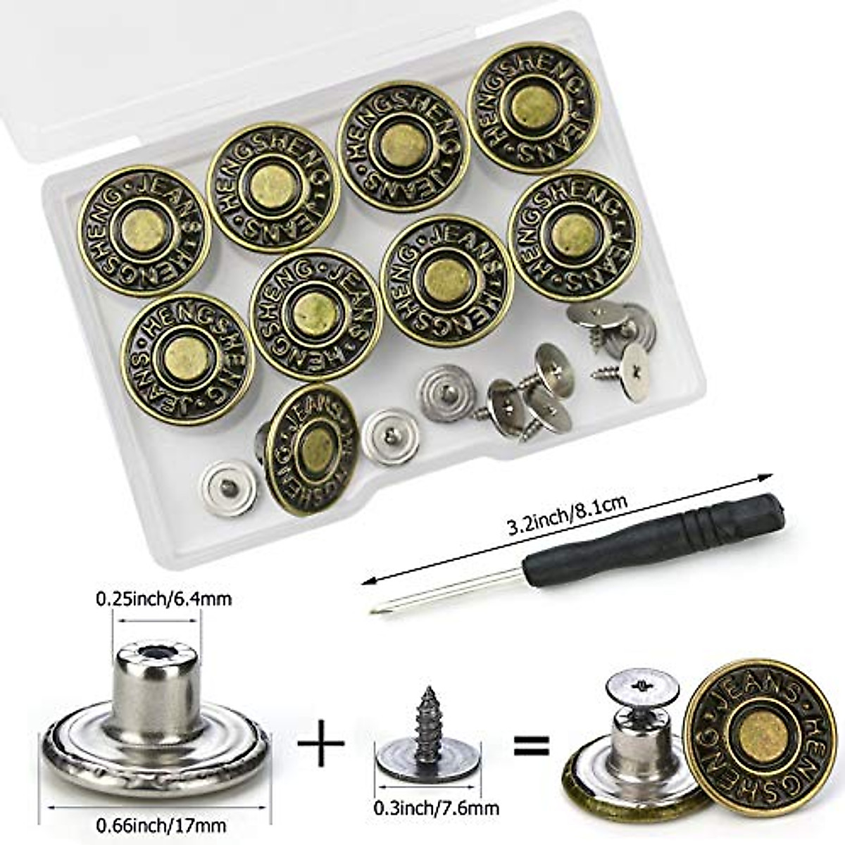 Jeans Buttons Replacement, Instant No Sew Buttons for Pants with Tool,17MM