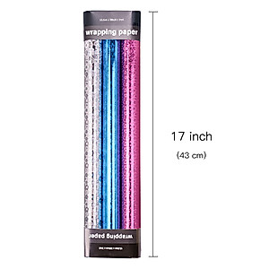 LeZakaa Holographic Foil Wrapping Paper - Mini Roll - Pink Heart/Blue and Silver Flower Design for Birthday, Wedding, Bridal Shower - 17 x 120 inches - 3 Rolls (42.5 sq.ft.ttl.)