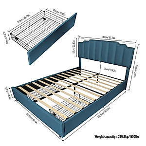 Queen Size Linen Upholstered Platform Bed Frames with Adjustable Headboard, Rivets Design Platform Bed with 2 Storage Drawers, Noise-Free for Bedroom Small Living Space Boys Girls Adults Teems, Blue