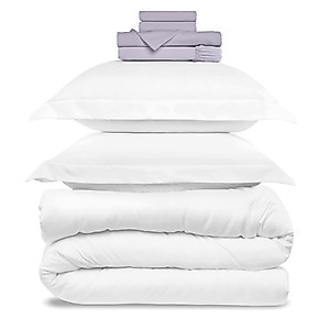 Mellanni King Bed Sheet Set + Duvet Cover Set Bundle&Save - Hotel Luxury Bedding - Bundle Includes: 4pcs Bed Sheet Set and 5pcs Duvet Cover Set (King, Lavender/White)