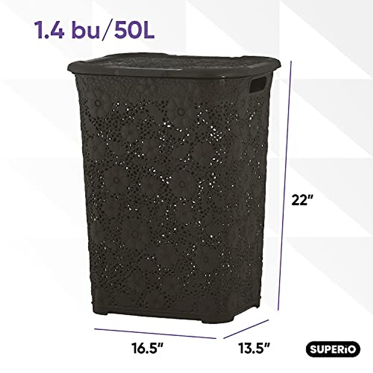 Superio Laundry Hamper with Lid Lace Design 50 Liter Brown, 2 Pack Laundry Hamper Basket with Cutout Handles, Rectangular Shape Modern Style Bin -Dirty Cloths Storage