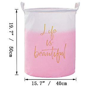 PFONB Pink Girls Laundry Hamper,19.7" X-Large Laundry Basket collapsible Waterproof Sturdy Thicken Canvas Kids Nursery Baby Clothes Basket (Life Pink)