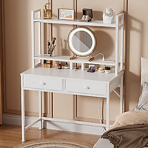 Furologee Small White Desk with Drawers, 36 Inch Home Office Computer Desk with Power Outlet and LED Light, Vanity Desk with Storage Shelves, Modern Work/Writing/Study Table for Bedroom, White