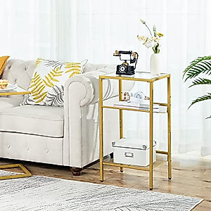 HOOBRO Tall End Table, Tempered Glass Telephone Table with Mesh Shelf, 3-Tier High and Narrow Side Table for Small Space, Sofa, Living Room, Bedroom, Easy Assembly, Modern Style, Gold GD04DH01
