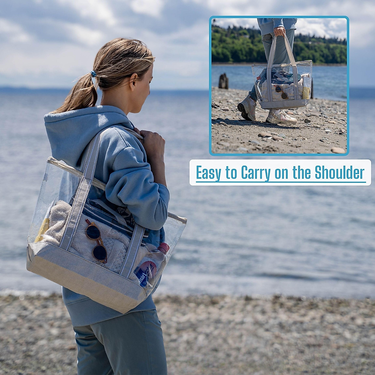 VENO 2 Pack Clear Beach Bag, Large Transparent Large Tote Bags for Women Swim Pool Gym Summer Vacation Essentials - Beige