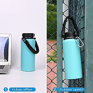 Wongeto Paracord Handle with Shoulder Strap Compatible with Hydro Flask Wide Mouth Water Bottles 12oz - 64 oz，Water Bottle Strap for Walking Biking Hiking Camping(Black 1)