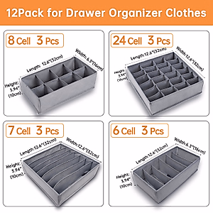FAMALAHEE Drawer Organizer Divider Foldable Closet Storage Organizer Basket, and Fabric Organization Bins for Clothes, Underwear, Bras, Ties, Accessories, Socks 12 Pack