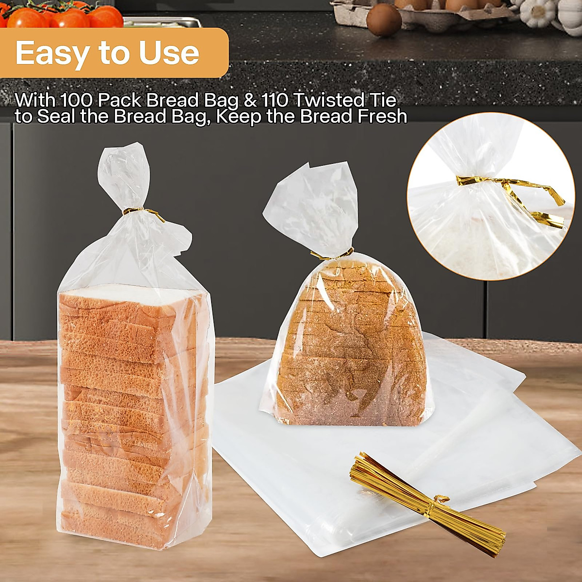 Spmarkt 100packs Plastic Bread Bags with 110 Twist Ties, Food Grade Plastic Bread Bags for Homemade Bread, Clear Bread Loaf Bags for Convenient Baking Storage Solution, Ideal for Home Bakers