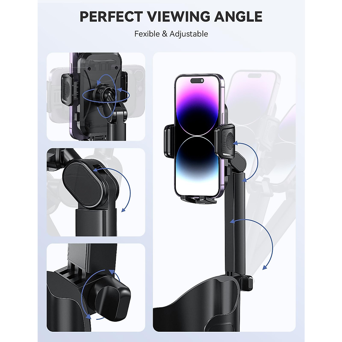 Miyamicro Cup Holder Phone Mount, Eco-Friendly Easy Install 2-in-1 Rotatable Car Phone Holders Cell Expander for 4-7" iPhone/Android/Truck,Perfectly Fit 3-4.3" Round & Rectangle Cup Holder (Black)