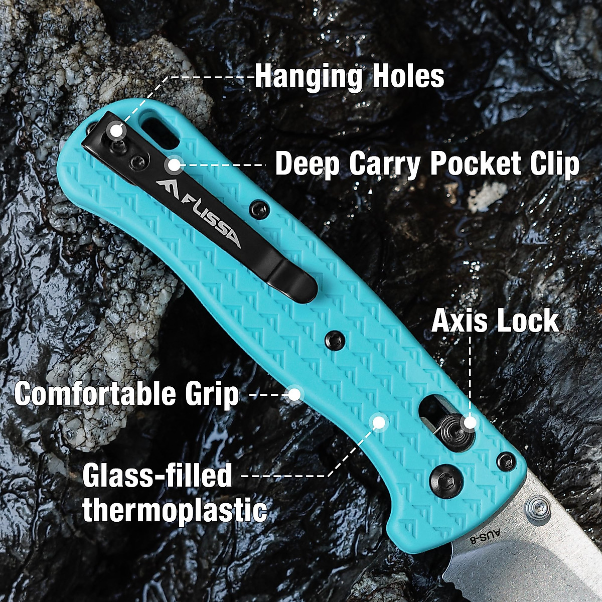 FLISSA 4.5" Folding Pocket Knife, Lightweight EDC Pocket Knife with Axis Lock, 3.2" AUS-8 Steel Blade, Sharp Camping Hiking Knife with Pocket Clip, Unique Tool Gift for Men, Dad (Blue)