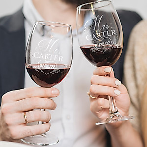 Set of 2 Mr and Mrs Personalized Wine Glasses - Custom Engraved and Monogrammed Gifts