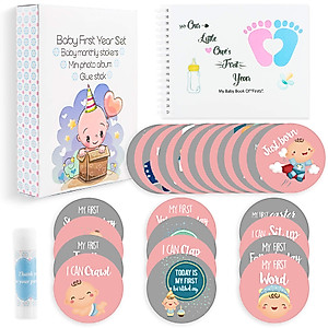 Baby Milestone Stickers Boy Girl - Premium Set of 30 Newborn Infant Monthly Growth Stickers - 1 Photo Album Memory Registry Cute Baby Shower Gift Birthday- Baby Memory Book with Keepsake Box for Mommy