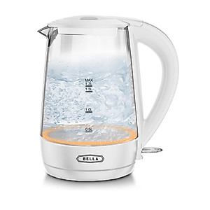 BELLA 1.7 Liter Glass Electric Kettle, Quickly Boil 7 Cups of Water in 6-7 Minutes, Soft Orange LED Lights Illuminate While Boiling, Cordless Portable Water Heater, Carefree Auto Shut-Off, White
