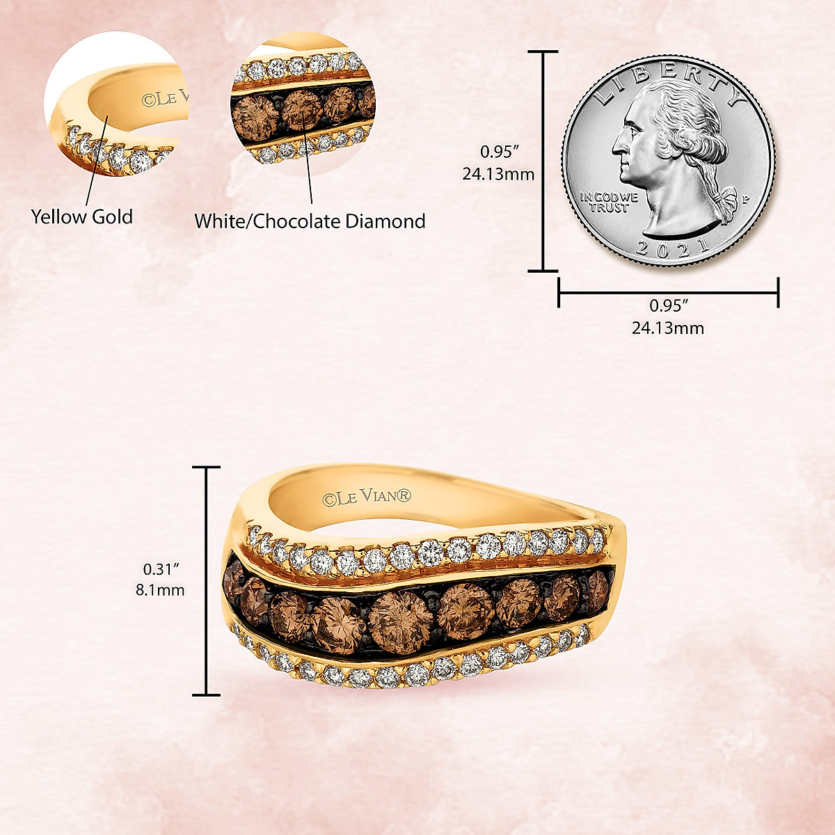 LE VIAN 1 1/5 Carat White and Chocolate Diamond Wavy Three Row Band Ring for Women in 14k Yellow Gold (H-I/Fancy Brown, VS2-SI1, cttw) Anniversary Promise Ring Size 7 by LeVian