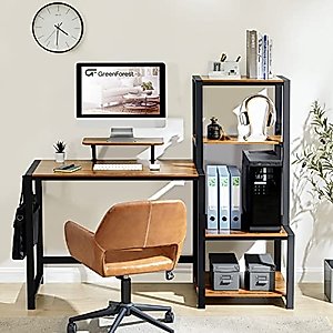 GreenForest Computer Desk 59 inch with Storage Printer Shelf Reversible Home Office Desk with Movable Monitor Stand and 2 Headphone Hooks for Study Writing PC Gaming Working, Walnut