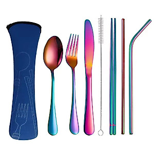 Alikpop Portable Lunch Cutlery Sets-Straw, Straight Straw, Knife, Fork, Spoon, Chopsticks, Cleaning Brush 8 Piece Kpop Merchandise Bangtan Boys Merch Travel Camping Utensils Set (Black)