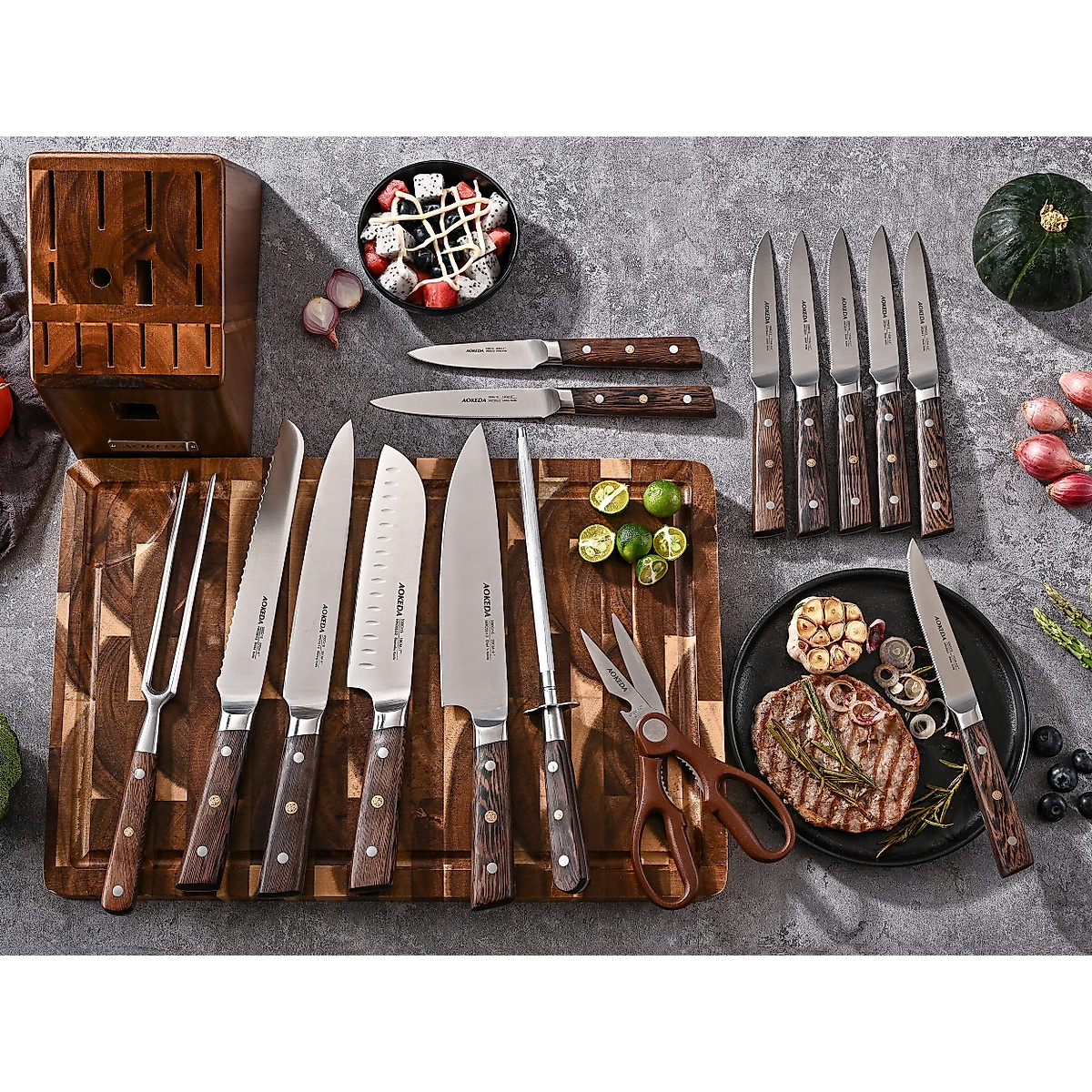 AOKEDA 16-Piece Kitchen Knife Set with Block, High Carbon German Steel, with Sharpener and Kitchen Shears (Natural Wenge)
