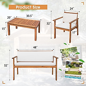 Devoko Patio Furniture 4 Piece Acacia Wood Outdoor Conversation Sofa Set with Table & Cushions Porch Chairs for Garden, Deck, Backyard, Beige