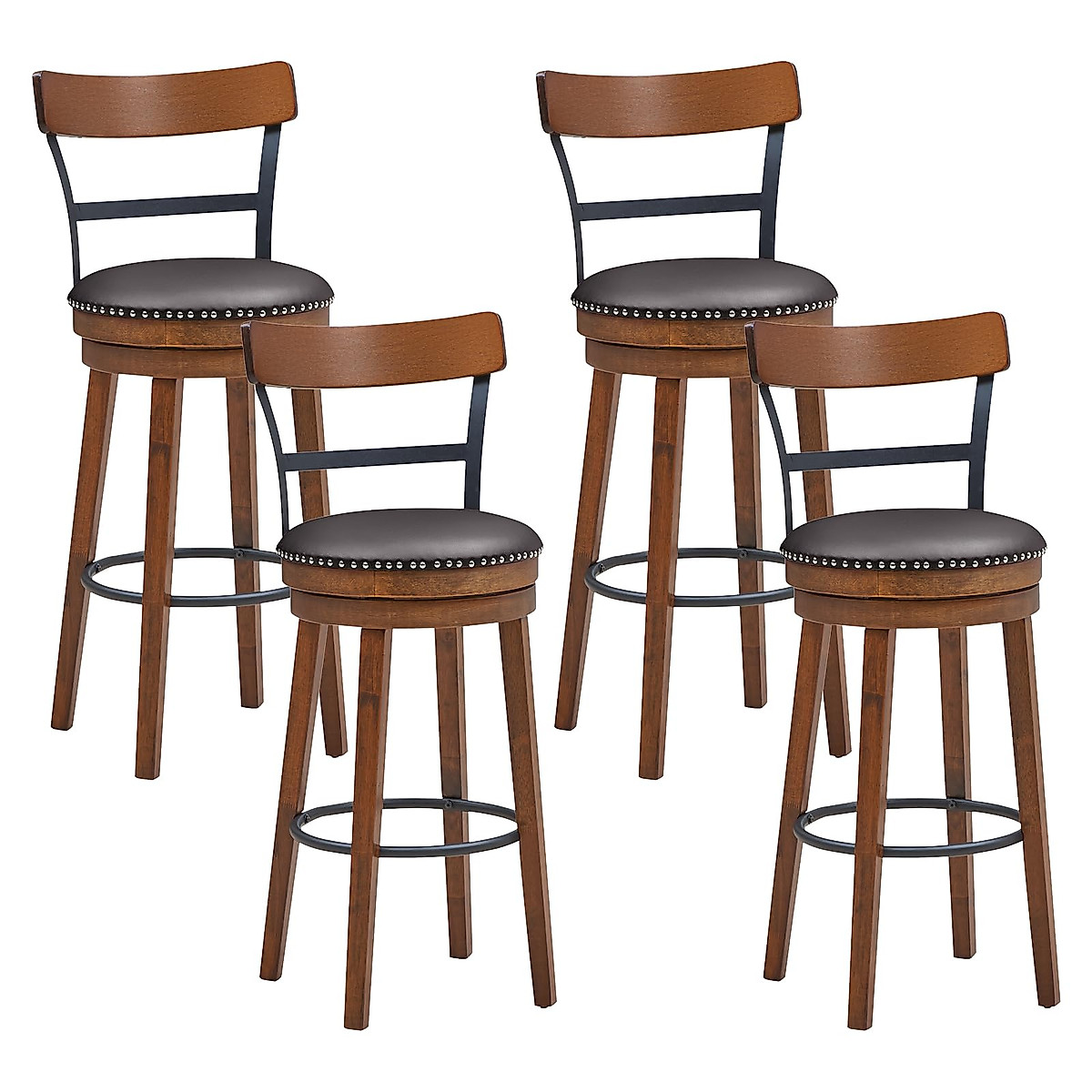 ERGOMASTER Bar Stools Set of 4 Swivel Bar Height Bar Stools for Kitchen Island, PU Leather Upholstered Barstools with Back & Solid Rubber Wood Legs & Metal Footrest, Seat Height 30.5 Inch, Brown