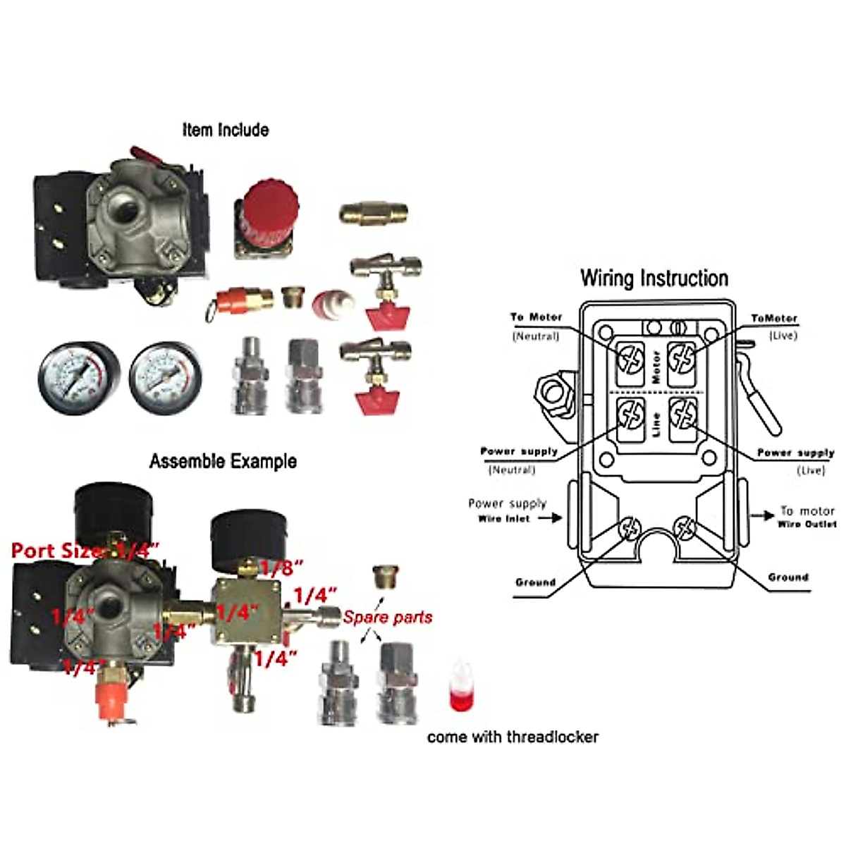 Secbolt Pressure Switch Manifold Regulator Gauges Air Compressor Pressure Switch Control Valve 90-120PSI (American Pattern)