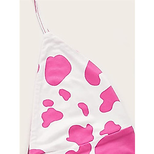 Verdusa Women's Cow Print O Ring Deep V Neck Tie Backless Crop Halter Top White Hot Pink S