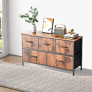 Sweetcrispy Rustic Brown Kids, 5 Dresser Chest Bedroom, Metal Frame and Wood Top for TV Stand up to 45 inch with Fabric Storage Drawer Units for Living Room