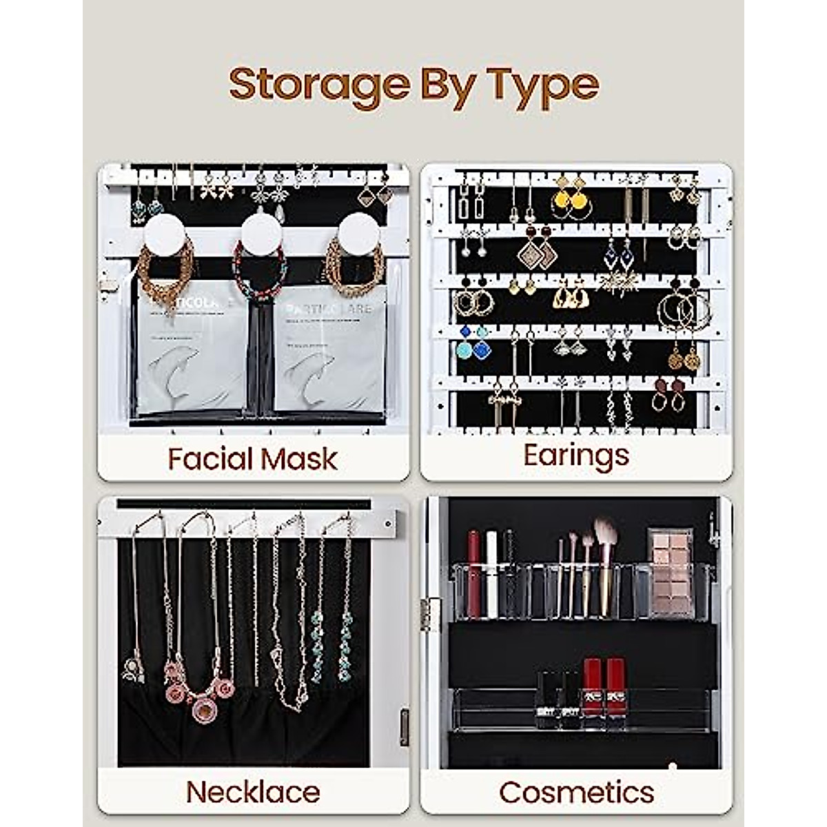 Hzuaneri 8 LEDs Jewelry Cabinet Armoire, 42.7" Tall Frameless Mirror Jewelry Organizer, lockable Wall/Door Mounted Makeup Jewelry Storage with Mirror, 4 Shelves, White and Black JC10803B