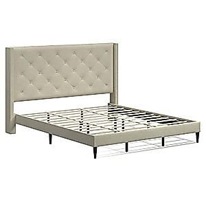 Glenwillow Home Huppe Upholstered Platform Bed Frame/Button Tufted MCM Wingback/Mattress Foundation/No Box Spring Needed/Easy Assembly, Beige, California King