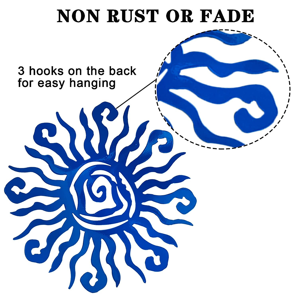 Kufika Wacky Sun Outdoor Metal Wall Art, 3D Metal Sun Wall Decor Hanging for Home Garden Patio Fence Decorations, 24" Blue